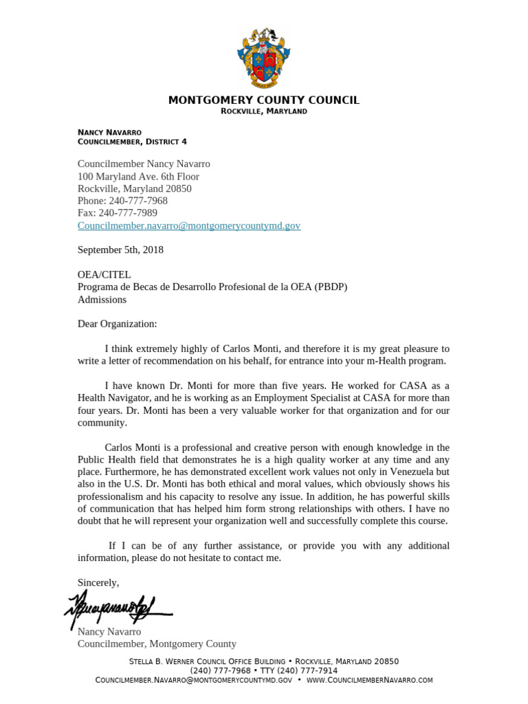 Carlos Monti Recommendation Letter Oas From Nancy Navarro | PDF