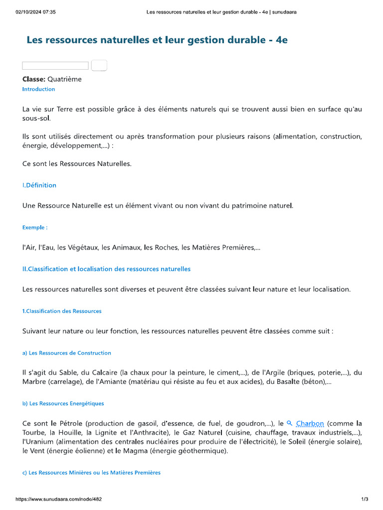 Ressources Naturelles SVT 4e | PDF
