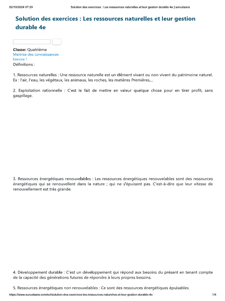 SOLUTION EXO 4e RESSOURCES NATURELLES | PDF