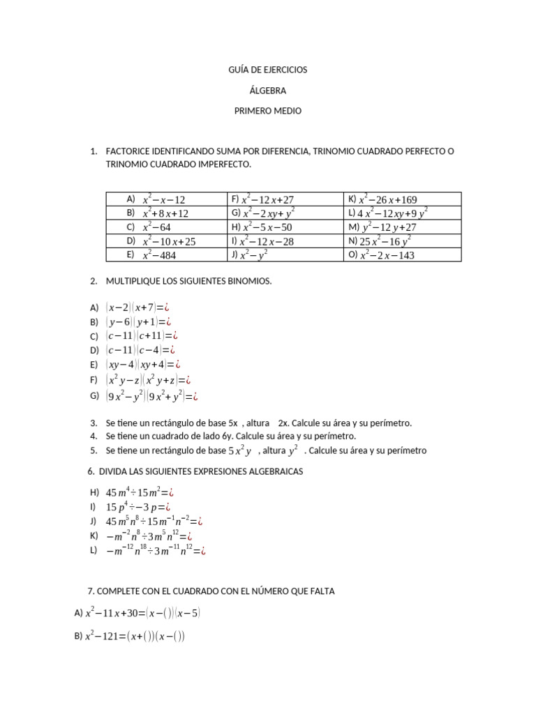 Guía De Ejercicios Algebra Pdf