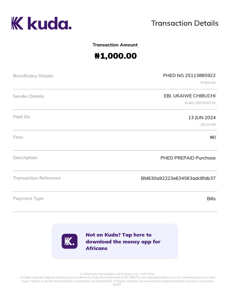 Transaction Receipt For PHED NG | PDF
