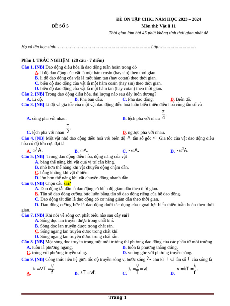 Vl11 Chk1 Đề 05 Ho Thanh Luong Vo Dinh Hiep | PDF