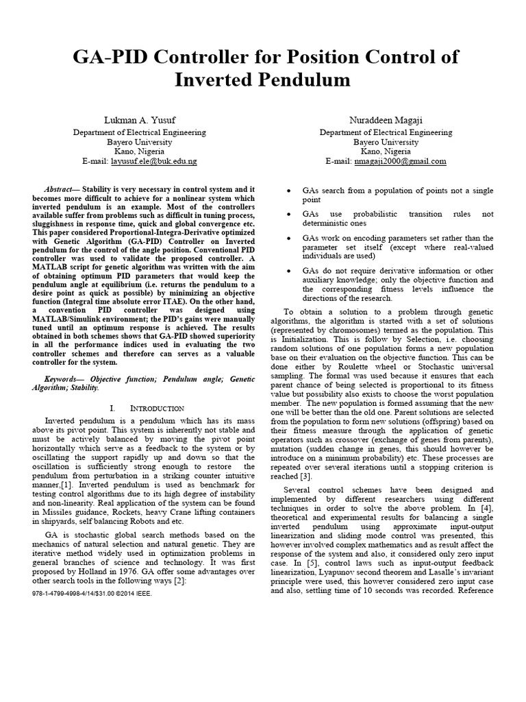 Comparison of Fuzzy Logic and GA-PID Controller For Position Control of Inverted Pendulum | PDF