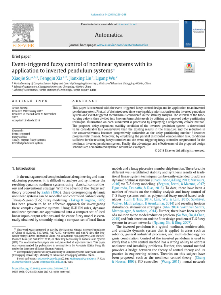 Event Triggered Fuzzy Control Of Nonlinear Systems With Its Application To Inverted Pendulum