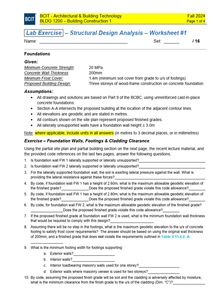BLDG 1200 Lab Exercise-Structural Design Analysis 01 2024 | PDF