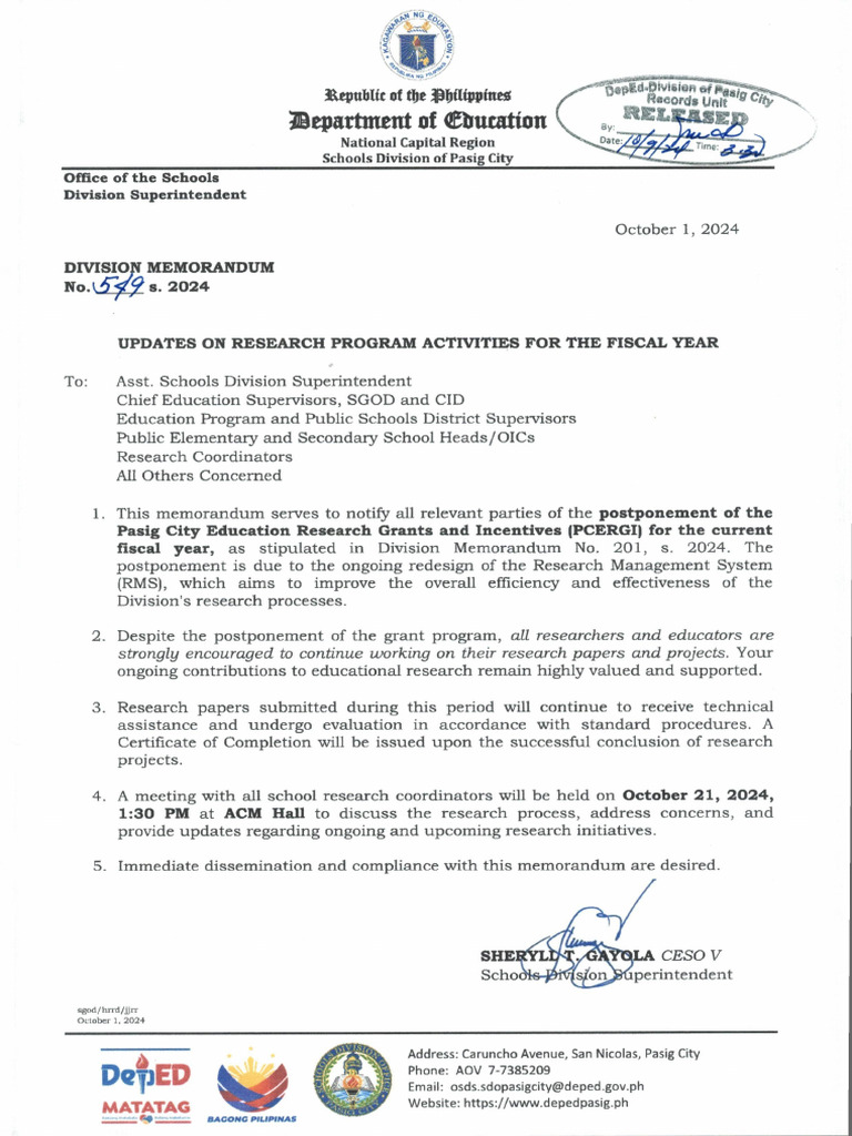 DM No. 549, S. 2024-Updartes On Research Program Activities For The ...