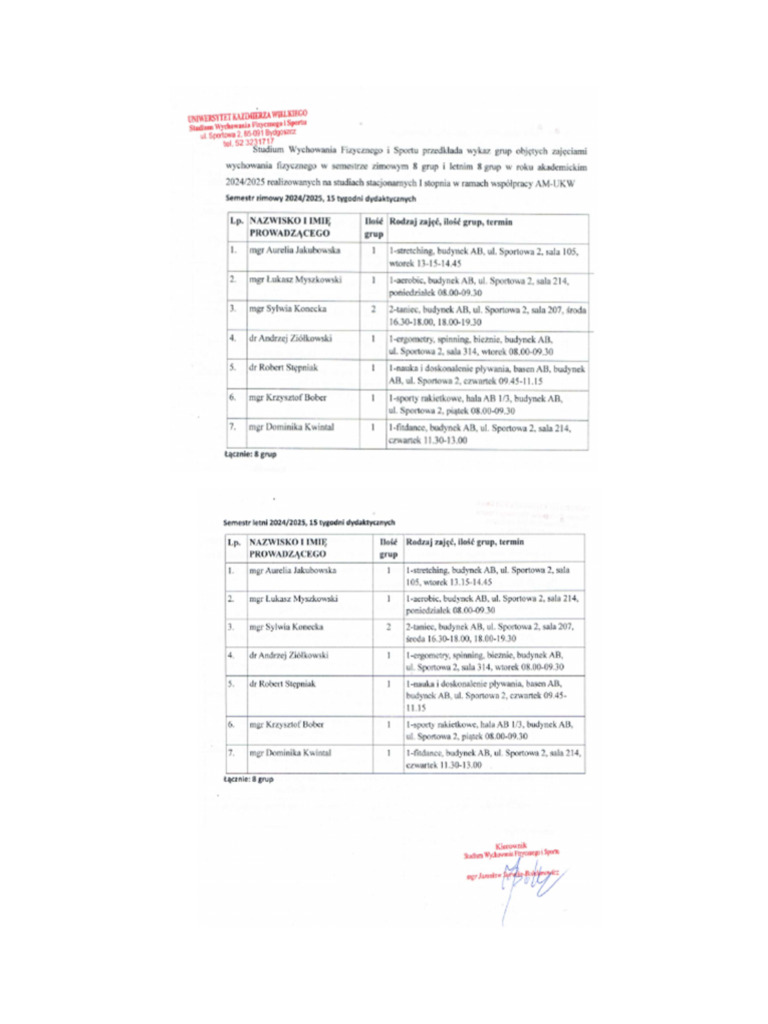 Harmonogram Zajęć | PDF