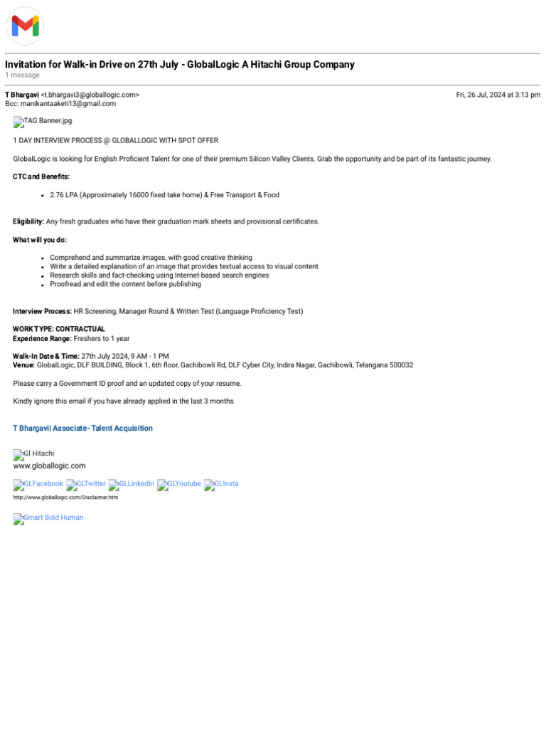 Gmail - Invitation For Walk-In Drive On 27th July - GlobalLogic A ...