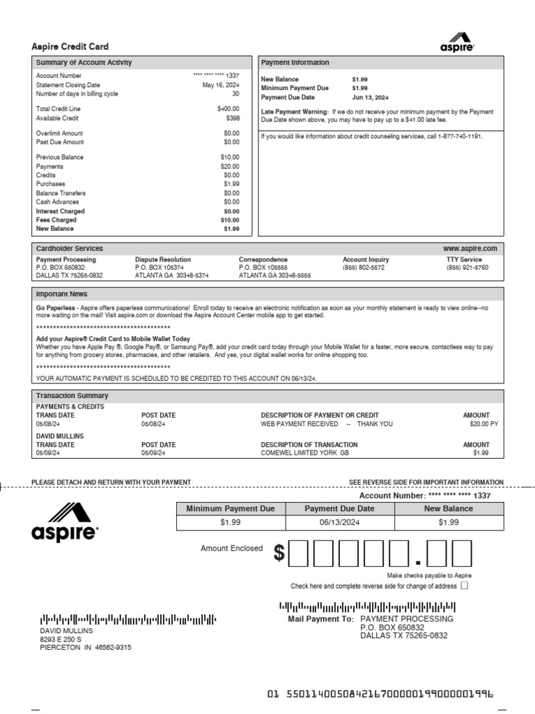 Aspire Credit Card: Summary of Account Activity Payment Information | PDF