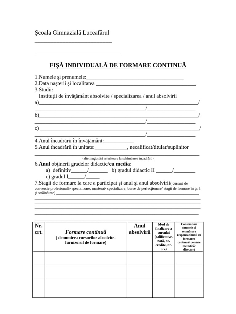 Fisa Individuala de Formare Continua de Completat | PDF
