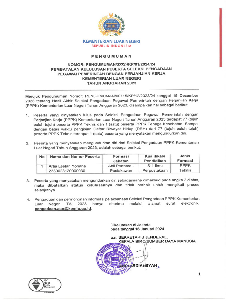 Pengumuman Pembatalan Kelulusan Peserta PPPK Kemlu TA 2023 | PDF