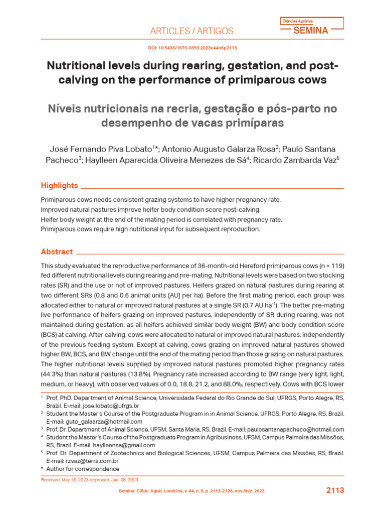 Nutritional Levels During Rearing, Gestation, and Post-Calving On The ...