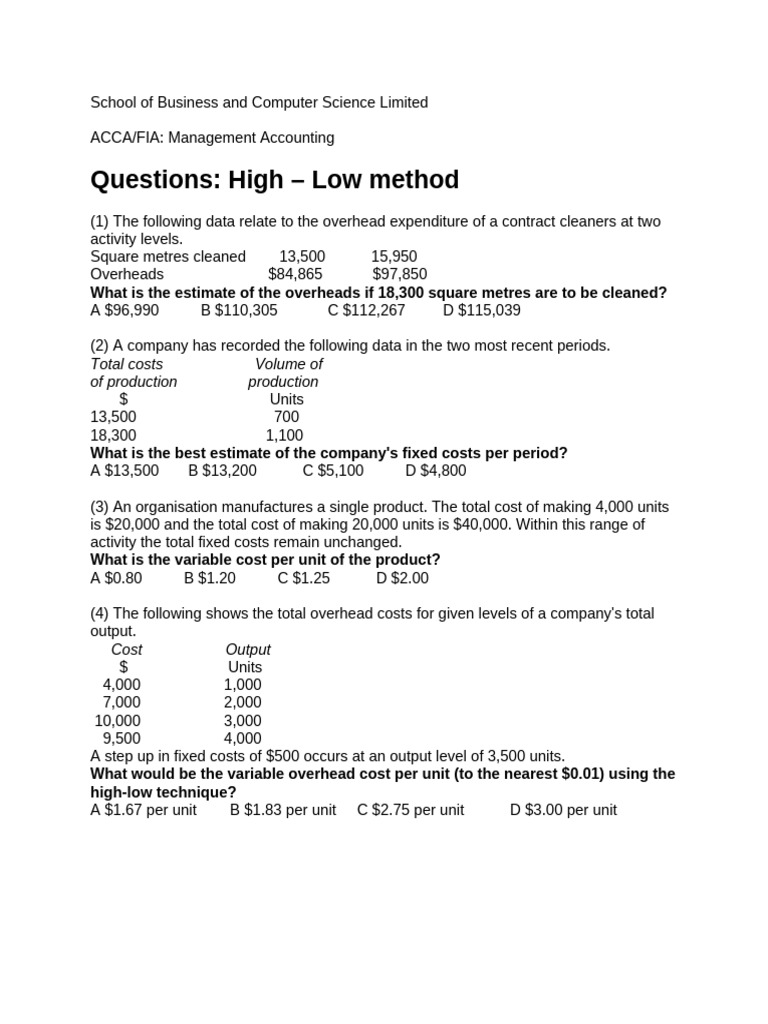 Questions High Low Method | PDF