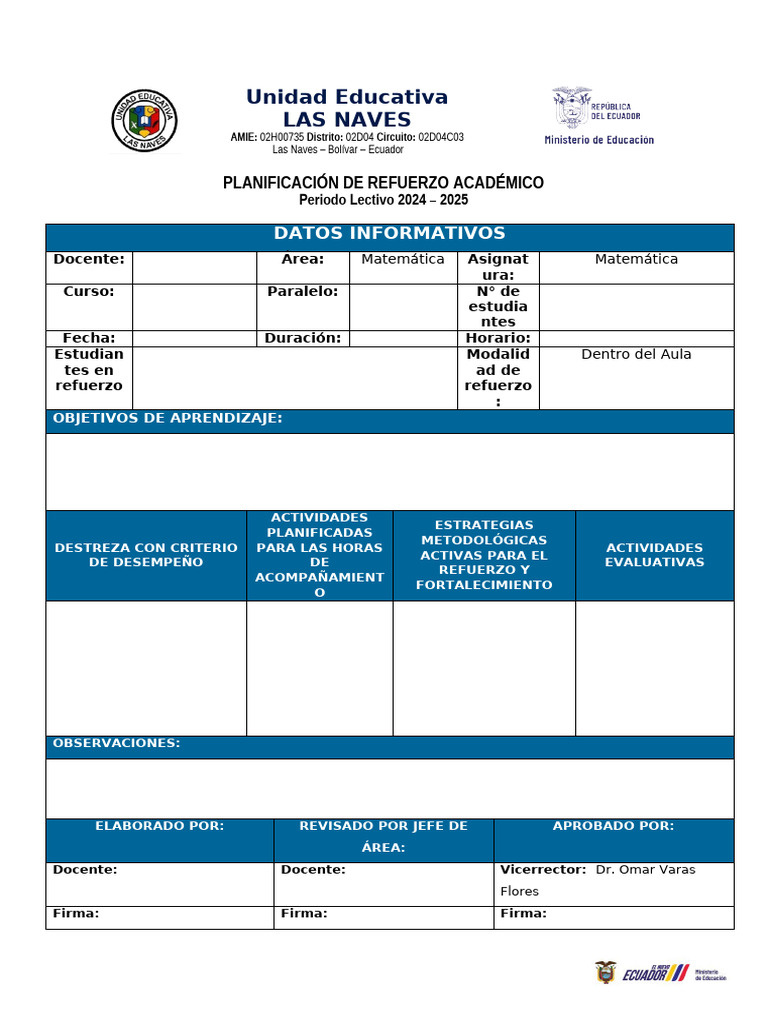 Formato Planificación de Refuerzo Académico | PDF | Aprendizaje | Modificación de comportamiento