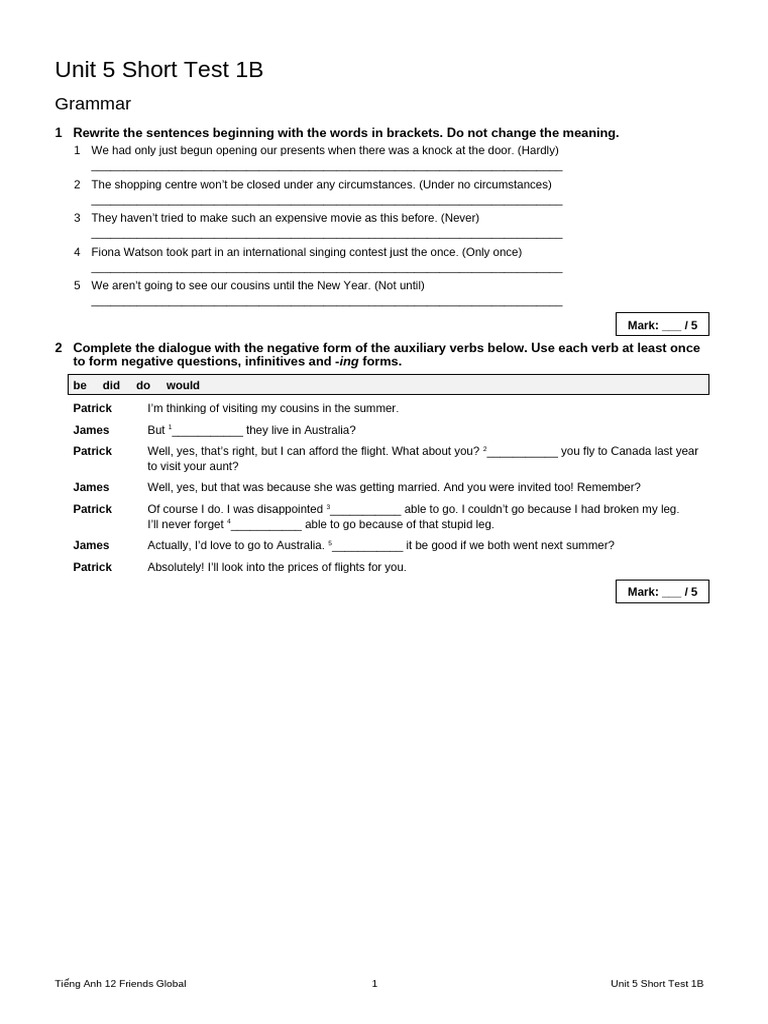 Tiếng Anh 12 Friends Global - Unit 1 - short - test - 1b | PDF