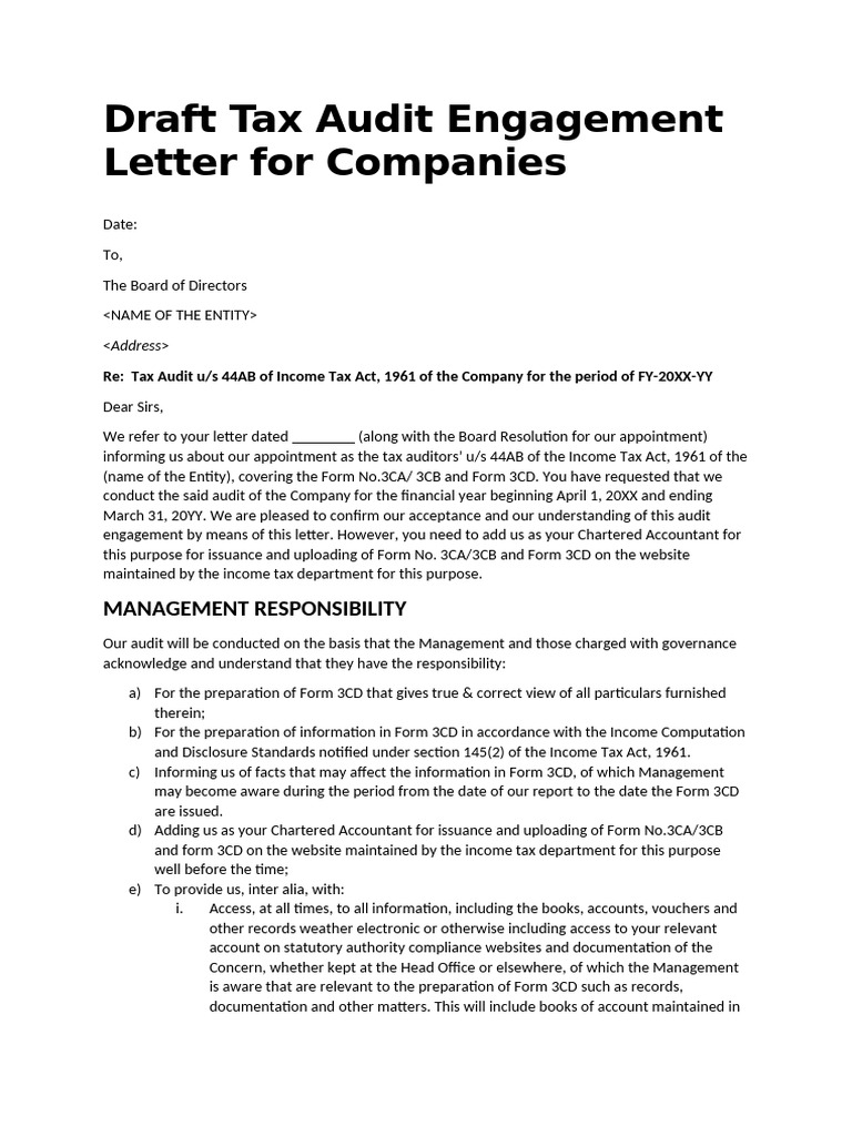 Draft Tax Audit Engagement Letter For Companies | PDF | Audit | Business