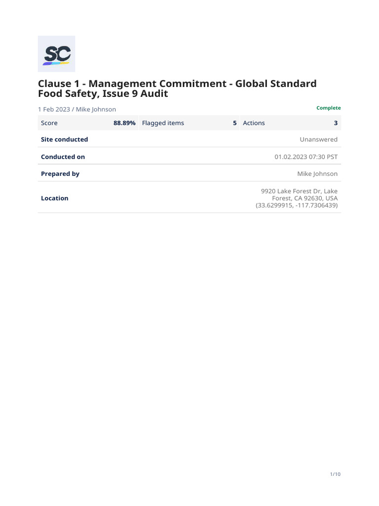 BRC Audit Checklist Sample PDF Report | PDF