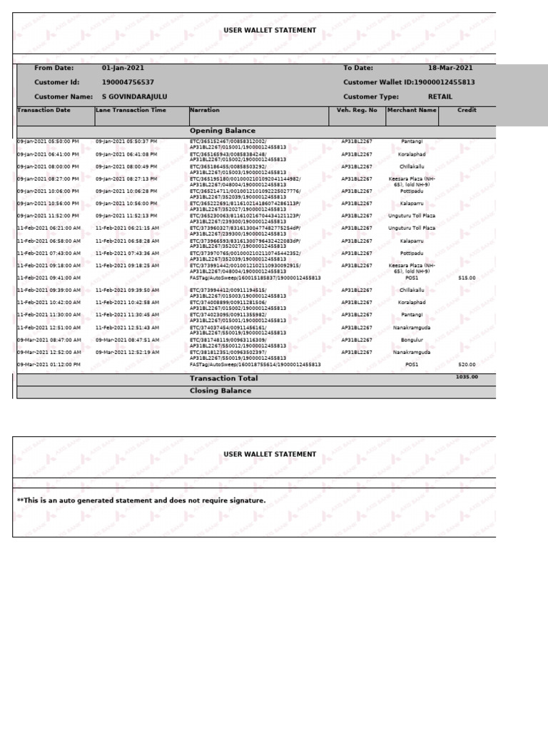 FASTag Wallet Statement | PDF