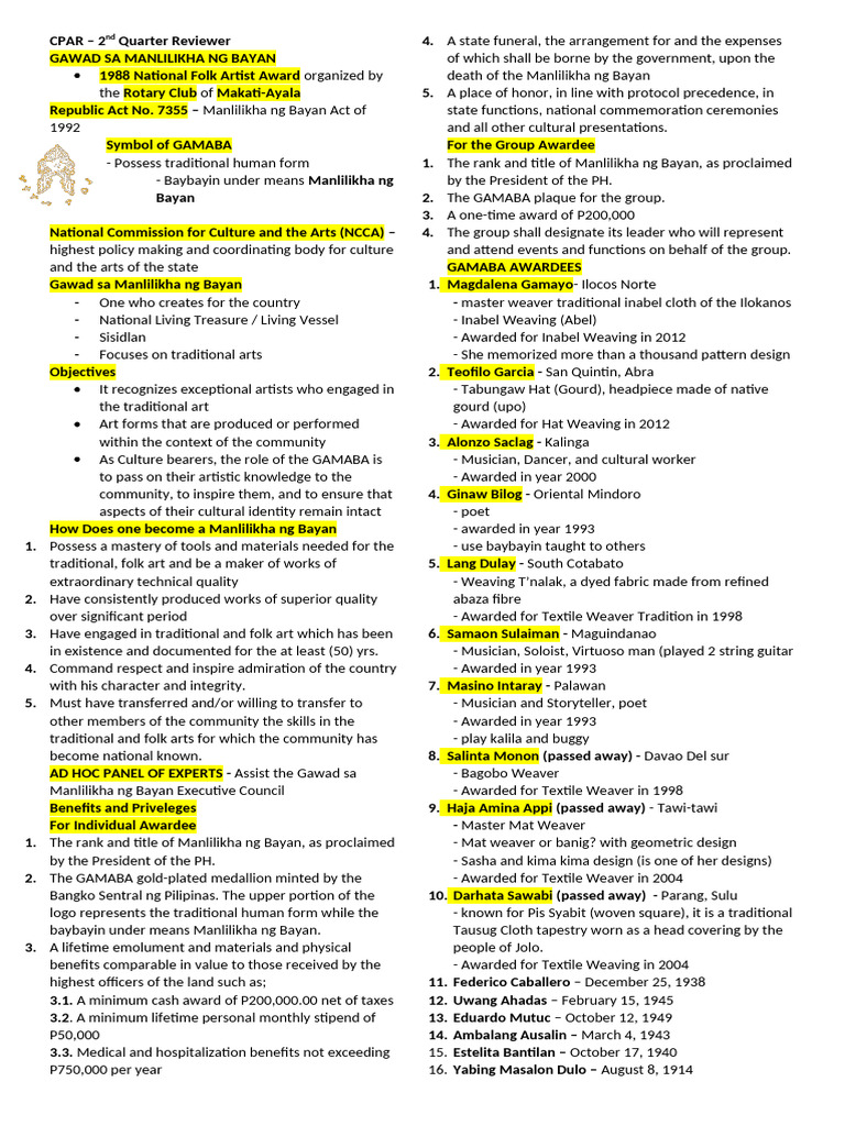 CPAR 2nd Quarter Reviewer | PDF | Paintings | Art