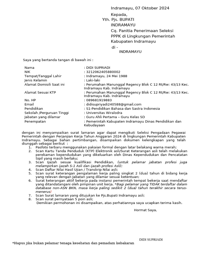 Format Surat Lamaran PPPK 2024 | PDF