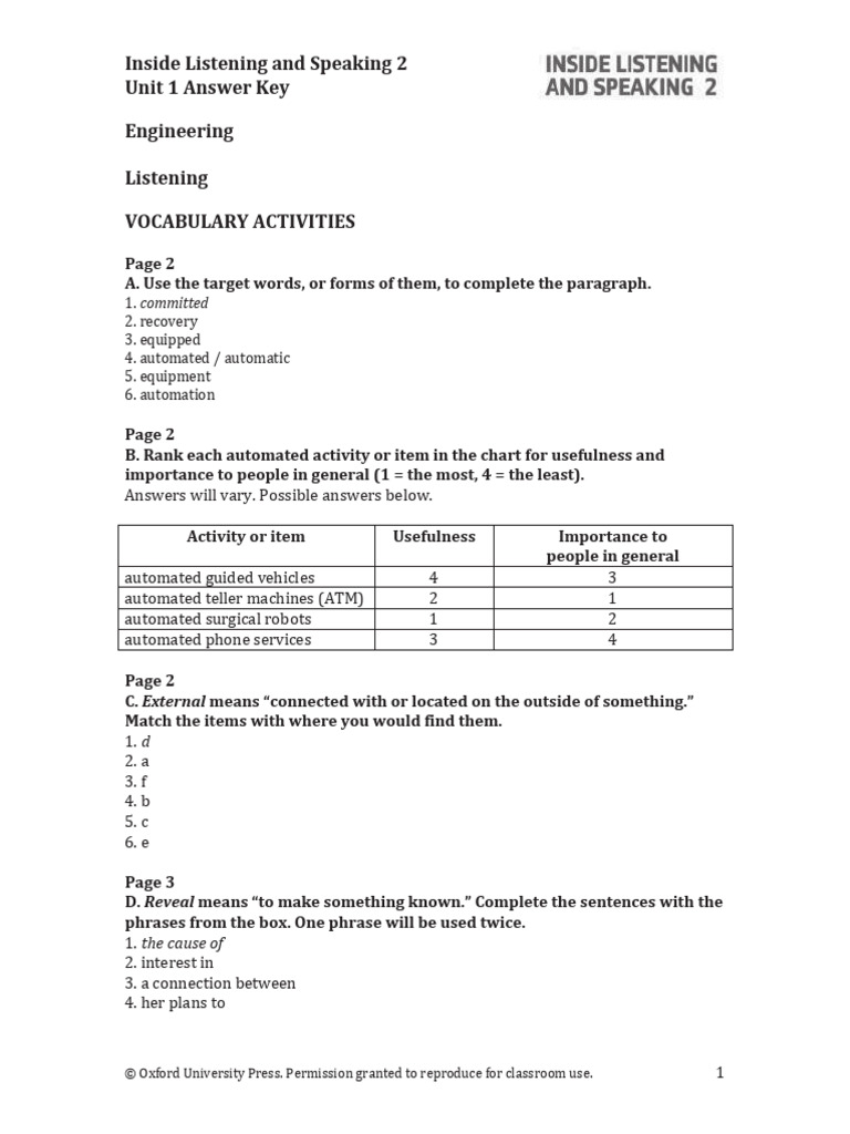 Inside Listening and Speaking 2 Unit 1 Answer Key Engineering Listening ...