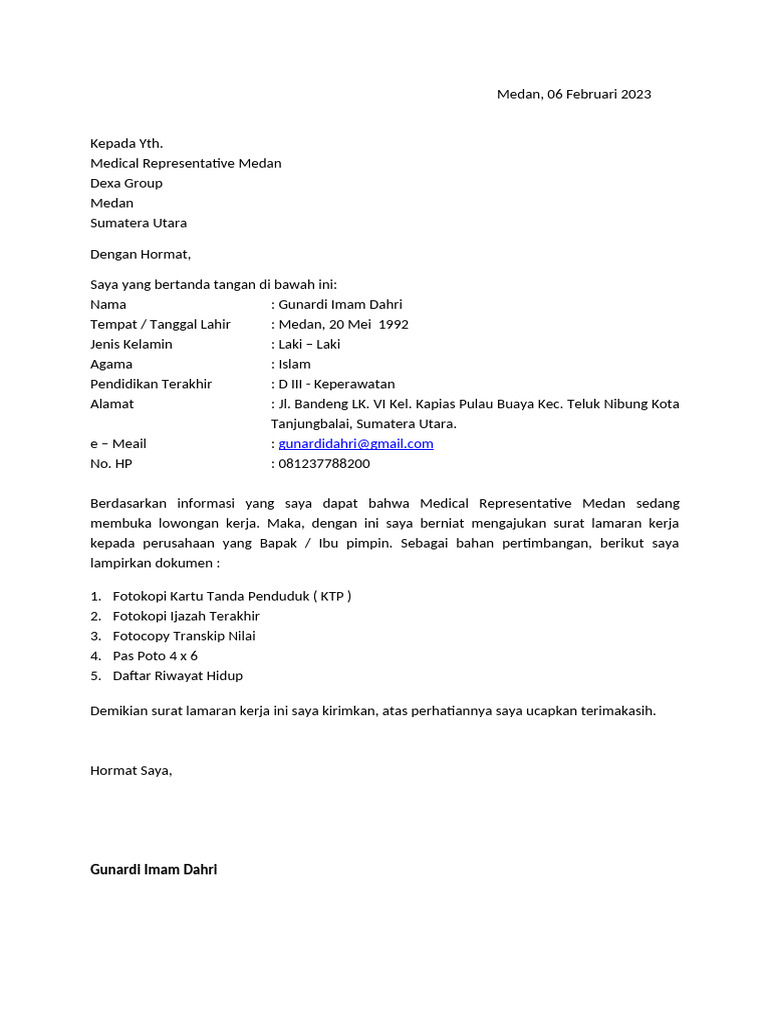 Surat Lamaran Gunardi Imam Dahri | PDF