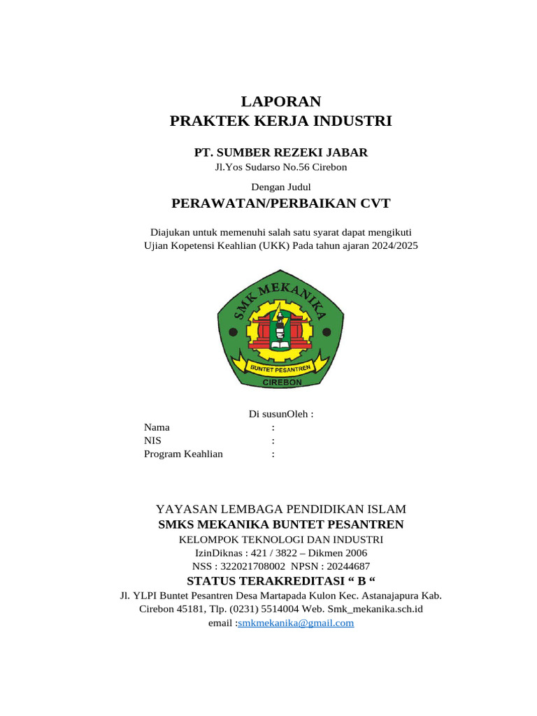 Format LAPORAN PKL 2024 SMK MEKANIKA | PDF