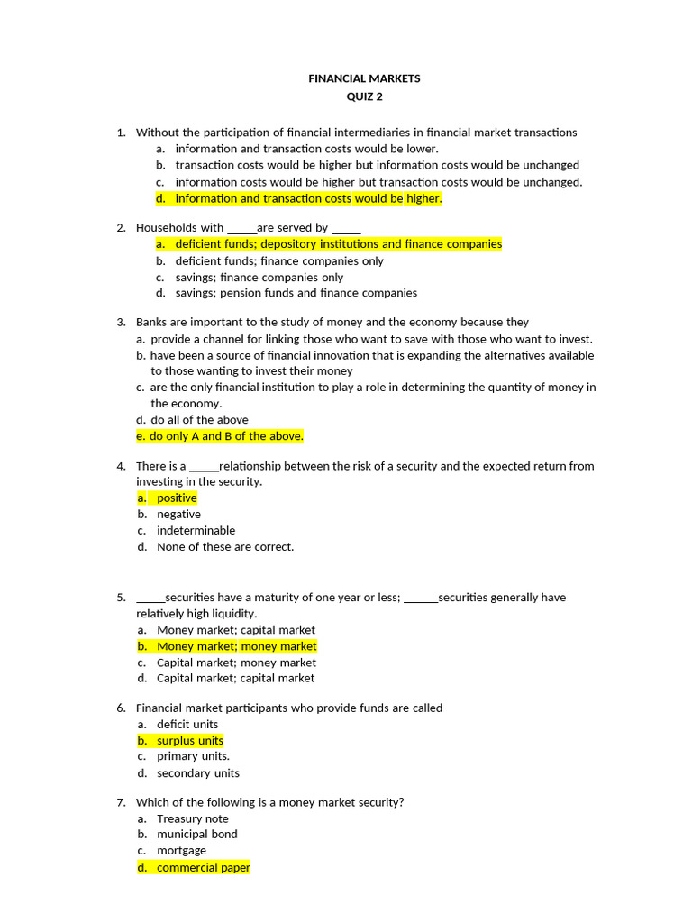 Financial Market - Quiz 2 | PDF