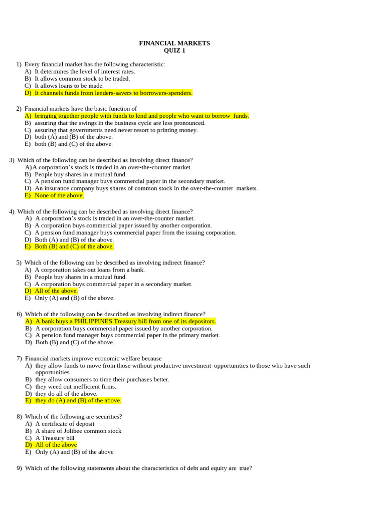 Financial Market Quiz | PDF | Securities (Finance) | Financial Markets