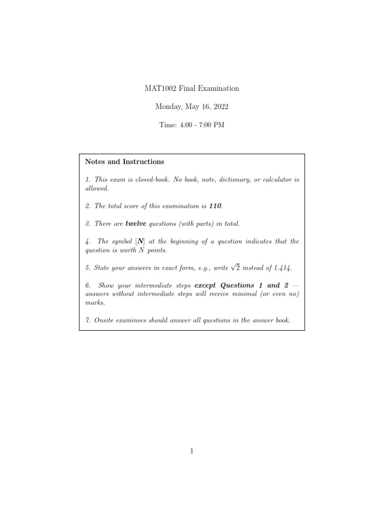 MAT1002 Final 2022 | PDF