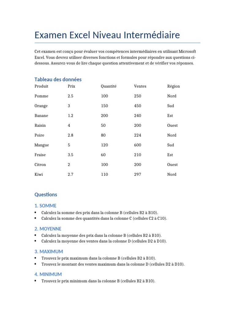 Examen Excel Intermediaire | PDF