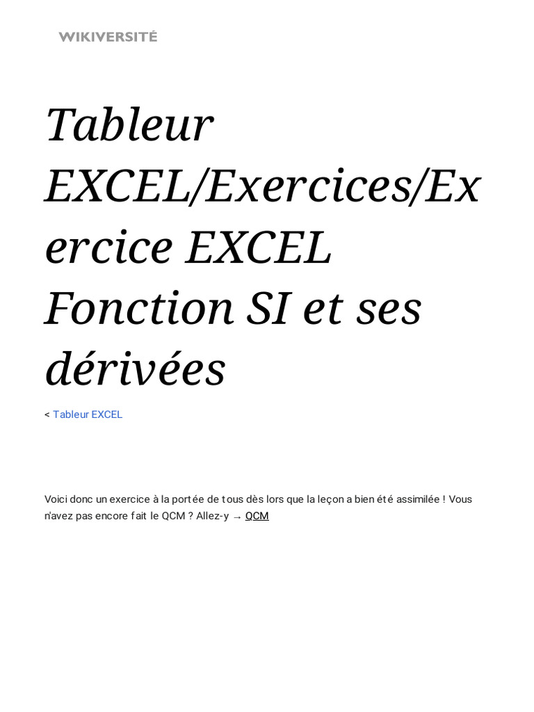 Tableur EXCEL - Exercices - Exercice EXCEL Fonction SI Et Ses Dérivées - Wikiversité | PDF
