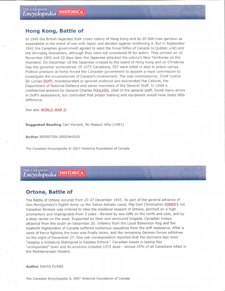 Battle of Hong Kong & Ortona Encyclopedia Info | PDF