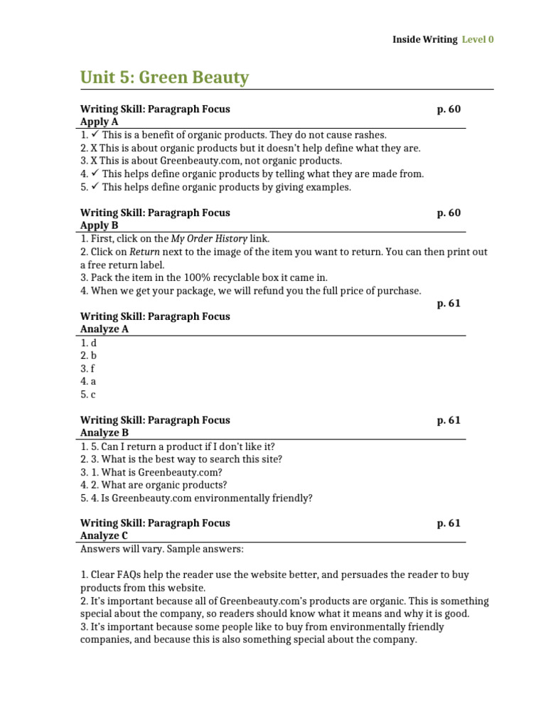 Unit 5: Green Beauty: Writing Skill: Paragraph Focus Apply A P. 60 | PDF