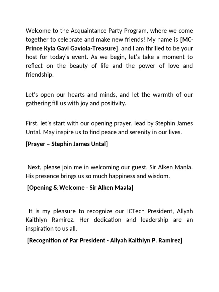 Welcome To The Acquaintance Party Program | PDF