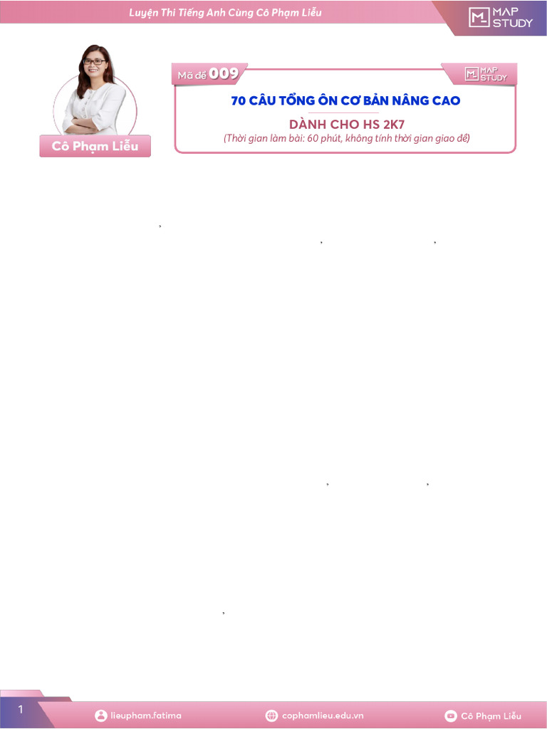 70 Câu Tổng Ôn Kiến Thức Cơ Bản Nâng Cao Môn Anh Dành Cho Hs 2k7 | PDF