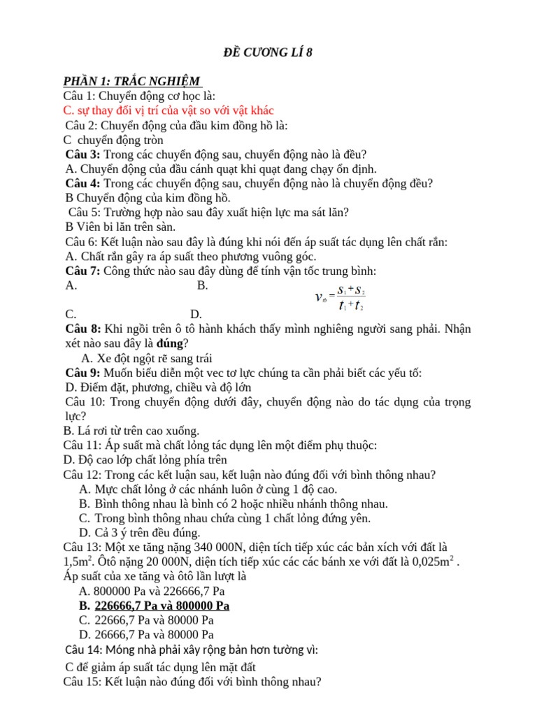 Đề Cương Lí 8- Hk1 | PDF