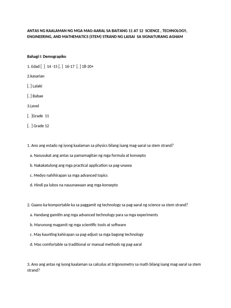 Pagbasa - Antas NG Kaalaman Sa Stem Signaturang Agham | PDF