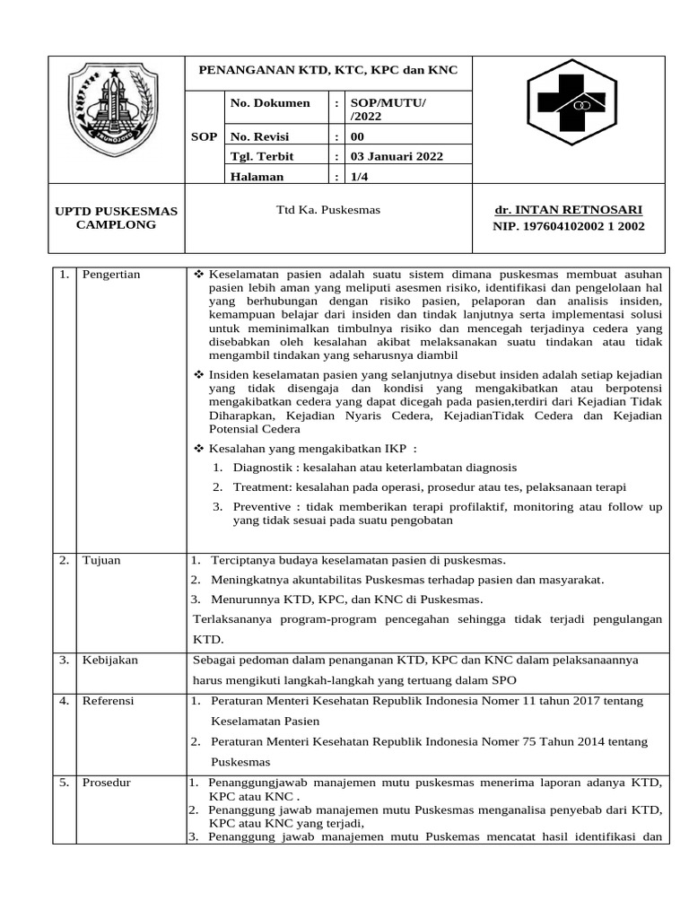 SOP PENANGANAN KTD, KNC, KPC Dan KTC | PDF