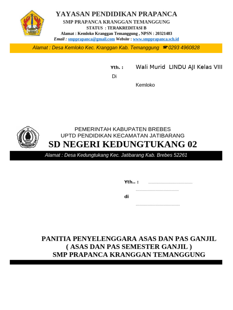 Kop Amplop Surat PPDB - SMP Prapanca - TH 2023-2024 | PDF