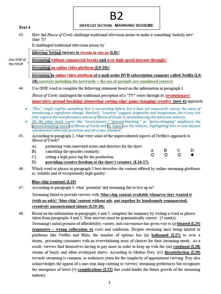 English Paper 1 Part B2 Marking Scheme & Answer | PDF