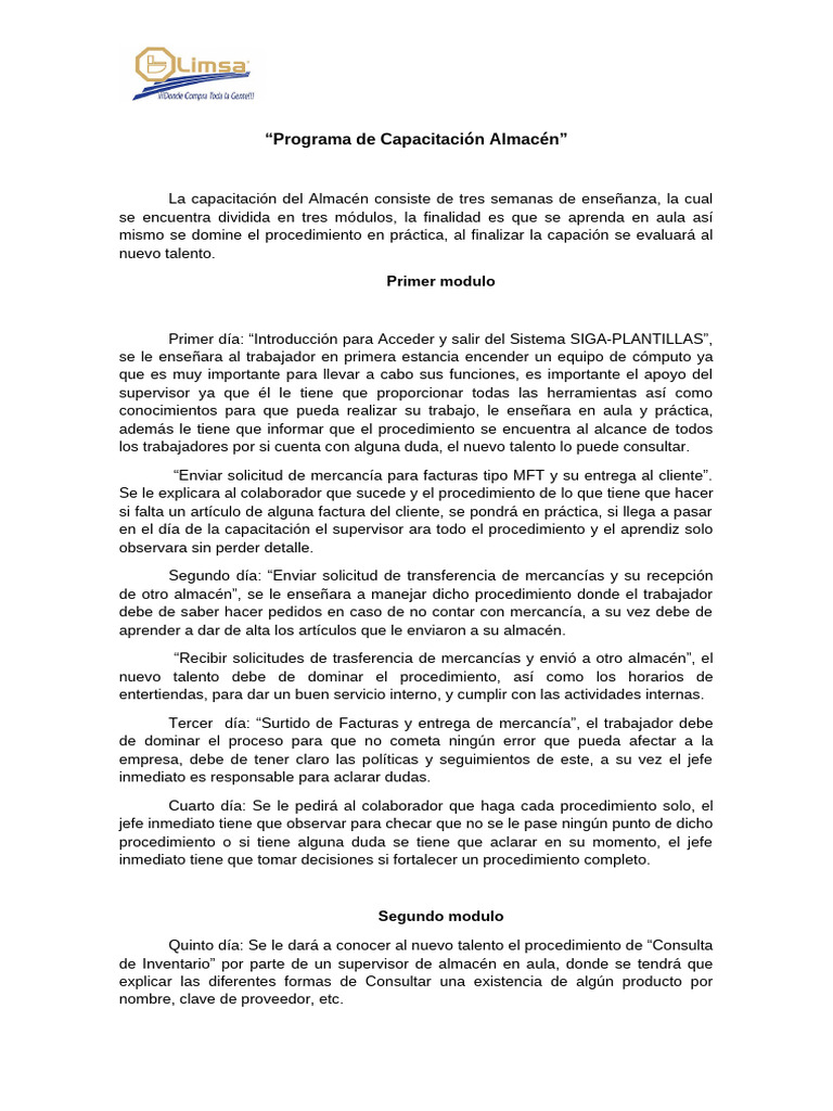 Programa de Capacitación Almacén | PDF