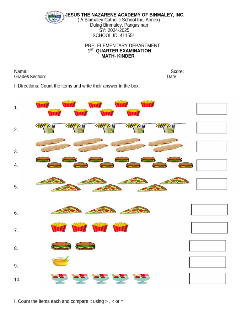 Q1 Exam - Math Kinder | PDF