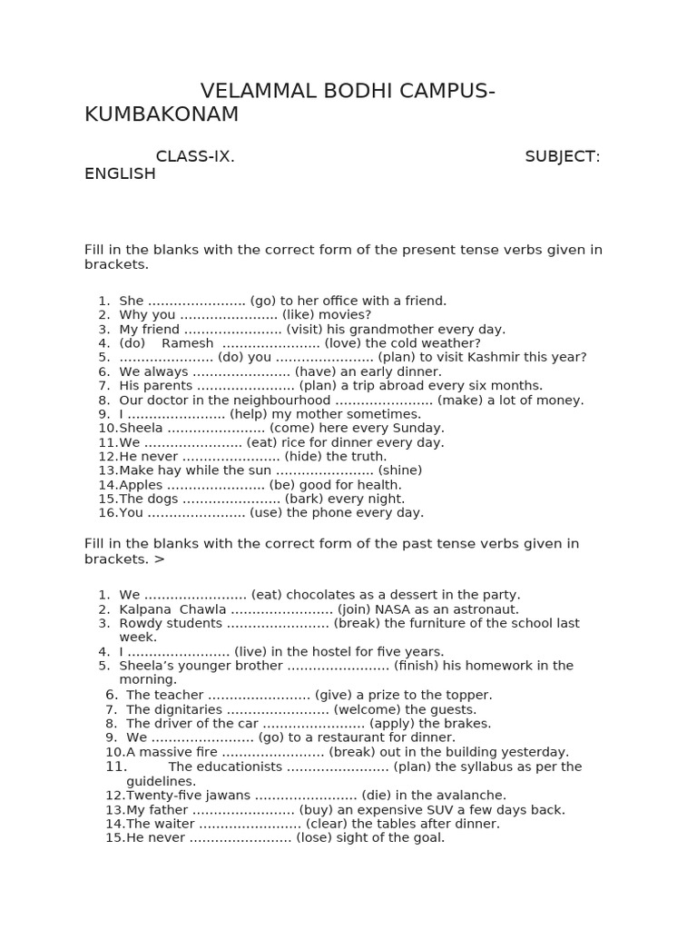 Grade-9 Tenses English Worksheet | PDF