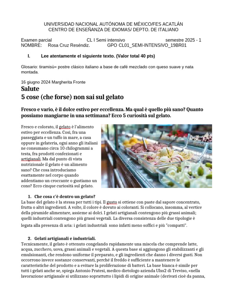 Examen Parcial CL1 - Cinque Cose Che Forse Non Sai Sul Gelato. Se. 2025-1 | PDF