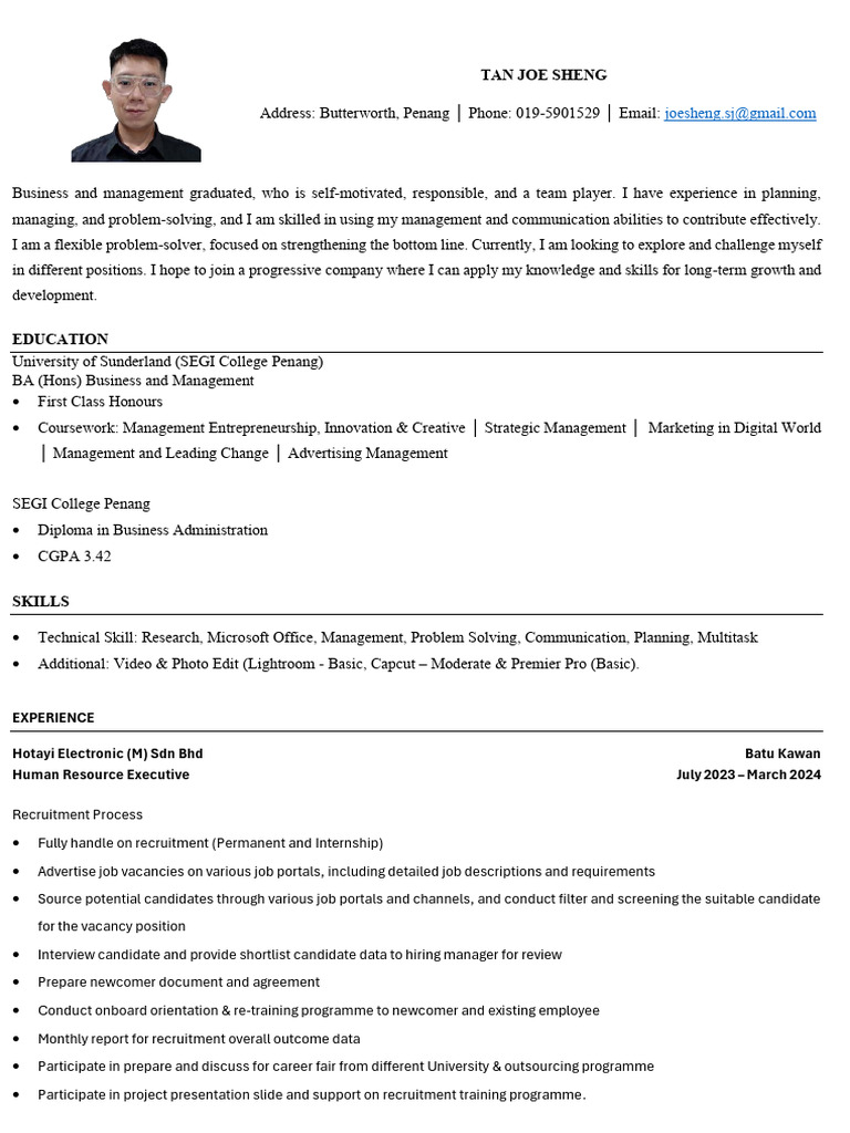 Tan Joe Sheng - Resume' - Joe.s | PDF