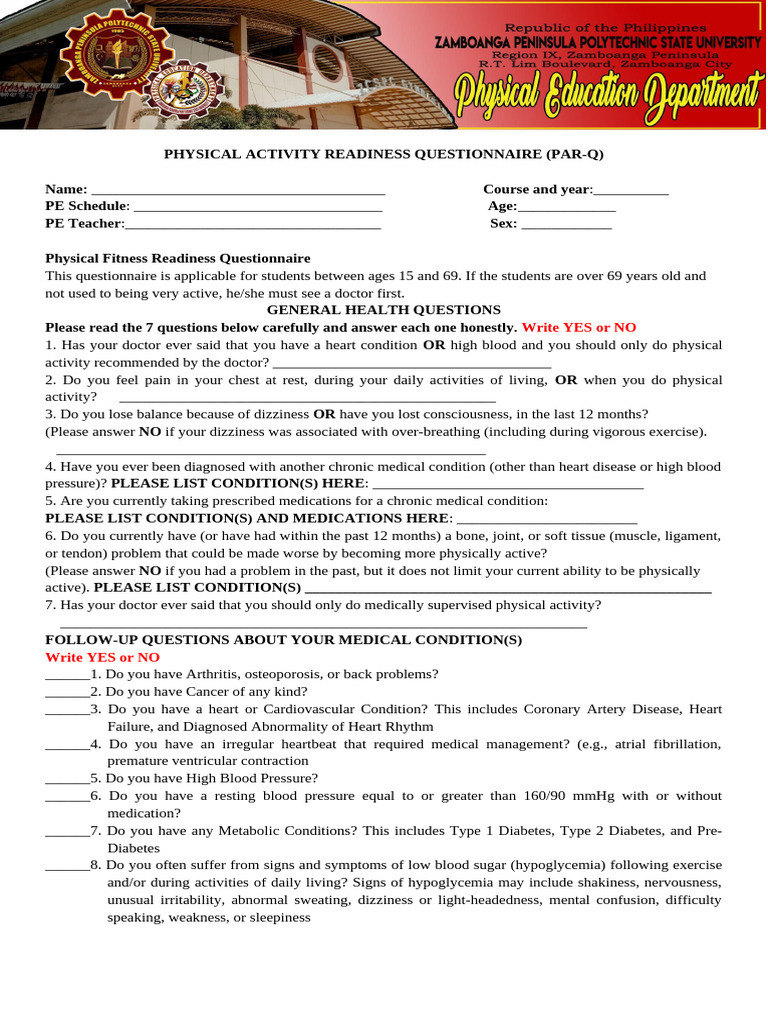 Physical Activity Readiness Questionnaire 2024 2025 | PDF
