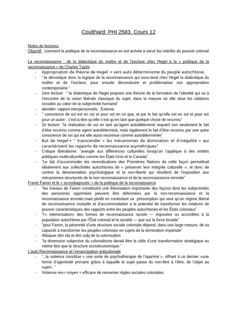 Cours 12 - Glen Coulthard, PHI 2583 | PDF