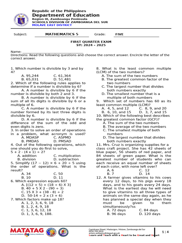 Math 5 q1 2024-2025 - No Footer | PDF