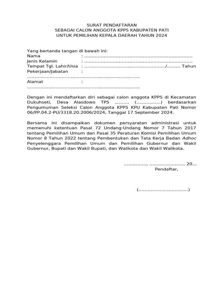 Form Pendaftaran KPPS Pilkada 2024 | PDF
